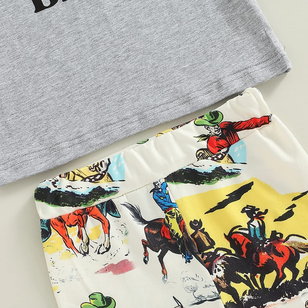 vchoohce 2Pcs Toddler Baby Girl Clothes Letter Print Short Sleeve T-shirt Top Bell-Bottom Pants Western Cowgirl Outfit Set (Ride Horse-Grey+Beige,2-3T)