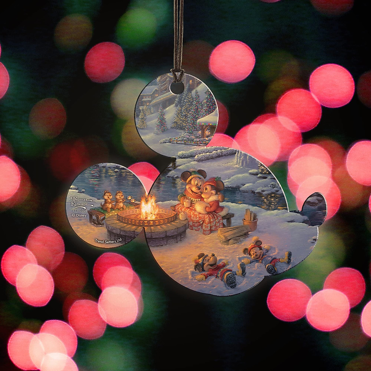 Disney – Mickey and Minnie Mouse - Christmas Lodge – Thomas Kinkade Studios - 4” x 3.5” Mickey Ear Shaped Hanging Acrylic Print – Officially Licensed Collectible