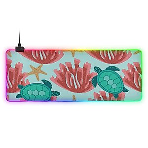 Large RGB Gaming Mouse Pad Pattern Turtles Sea Stars Corals Wallpapers Glowing Extended Mousepad 35.4x15.7in, Soft Anti-Slip Rubber Base Luminous Mouse Mat for Pc Laptop, Gaming, Office, Home