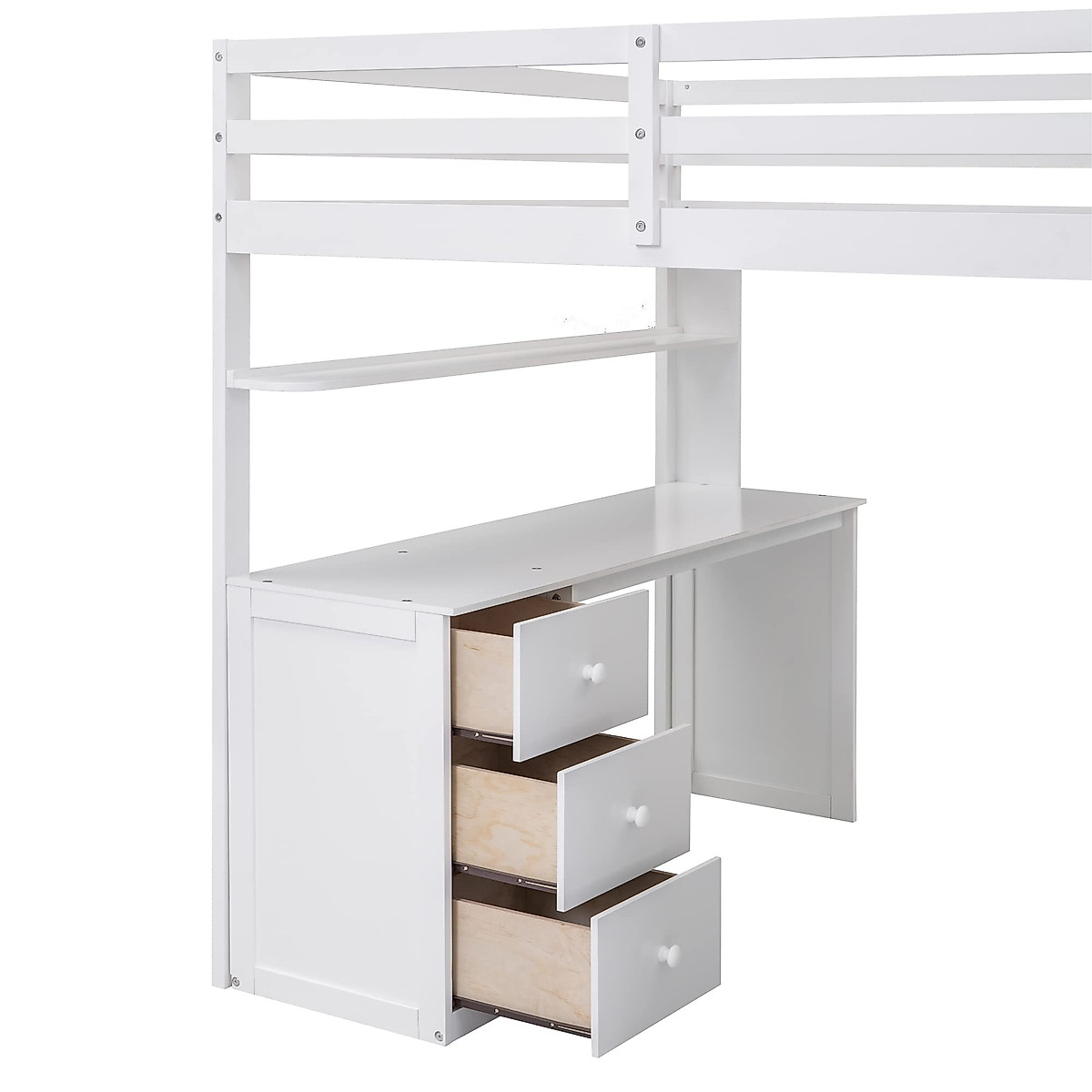 Merax Loft Bed Full Size Adult, Wooden Frame with Desk and Wardrobe, Storage Design with Drawers & Shelf, for Teen Girls & Boys(White)