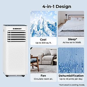 Renogy 8,000 BTU Portable Air Conditioners, WiFi Enabled, Remote Control, Cooling, Dehumidifier, Fan & Sleep Modes 4-in-1 Portable AC, Cools Up To 300 sq. ft, White