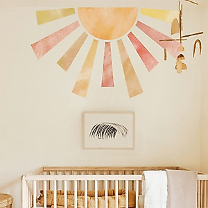 astrkiz Large Fabric Watercolor Boho Half Sun Wall Decals Peel and Stick, Pastel Sunrise Wall Murals Stickers, Sunshine Wall Art Decor for Kids Room Playroom Nursery Bedroom, 48.03" x 28.74"
