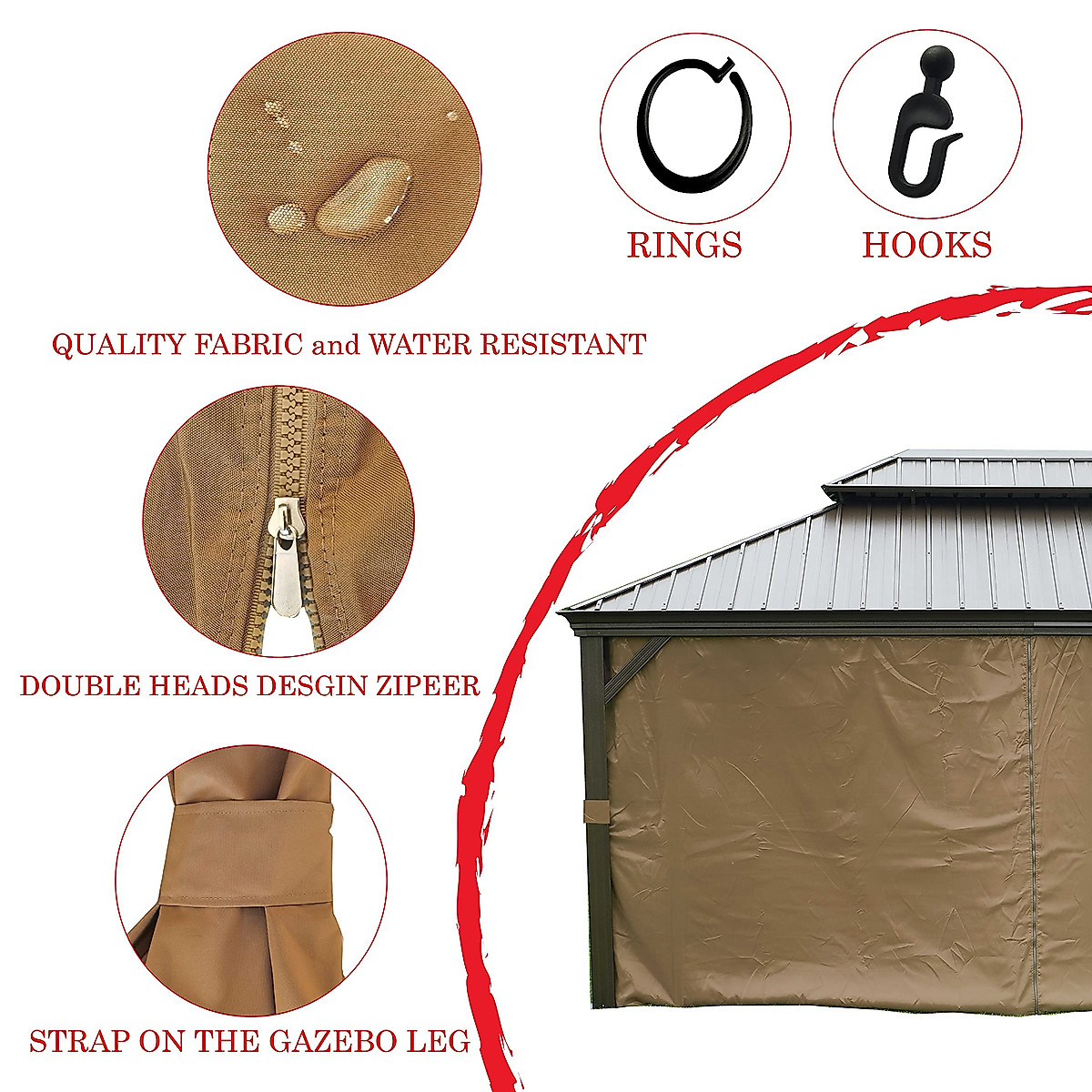 COZYVIDA Gazebo Privacy Curtains Sidewalls 4-Panels Universal Replacement for Patio, Outdoor Canopy, Garden and Backyard Khaki (Only 4 Pieces Curtain) (10' x 13')