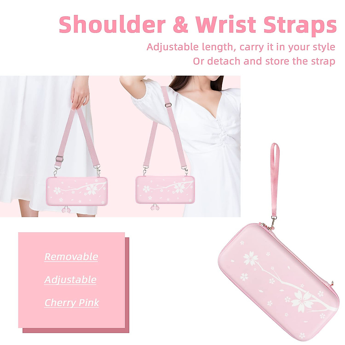 Mytrix Cute Carrying Case for Nintendo Switch OLED, Portable Hard Shell Pouch Travel Storage Bag for Switch Protective Bag with 10 Game Card Slots, with 4 in 1 Bundle Accessories Pink Cherry Blossoms