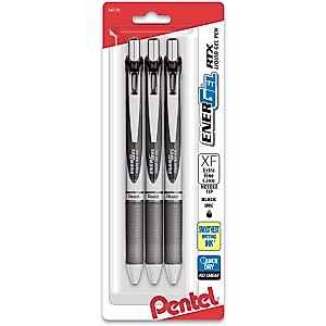 Pentel EnerGel RTX Retractable Liquid Gel Pen, (0.3mm) Needle Tip, Extra Fine Line, Black Ink, 3-Pk (BLN73BP3A)