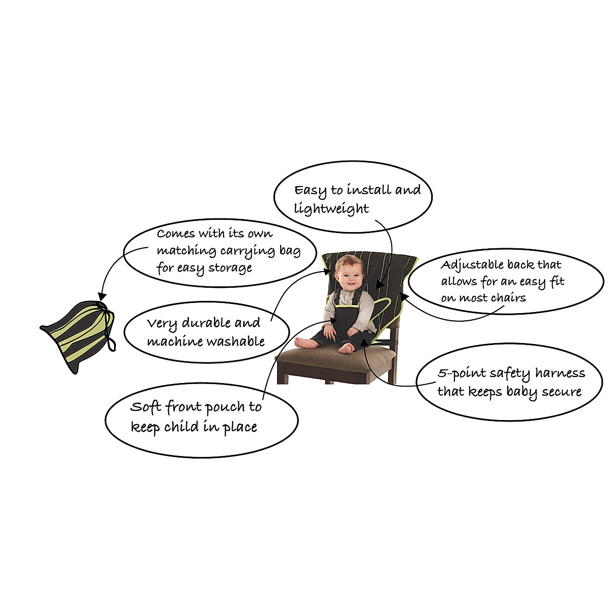 The Original Easy Seat Portable Safety Harness Chair Accessory (Black) - Quick, Easy Cloth Portable High Chair for Travel, Fits in Your Hand Bag as a Convenient Baby Travel Accessory