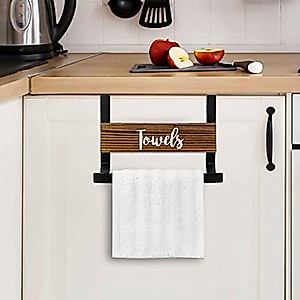 MyGift Black Metal Over The Cabinet Kitchen Towel Holder Dishrag Drying Rack with Rustic Solid Burnt Wood White Cursive Towels Design Sign