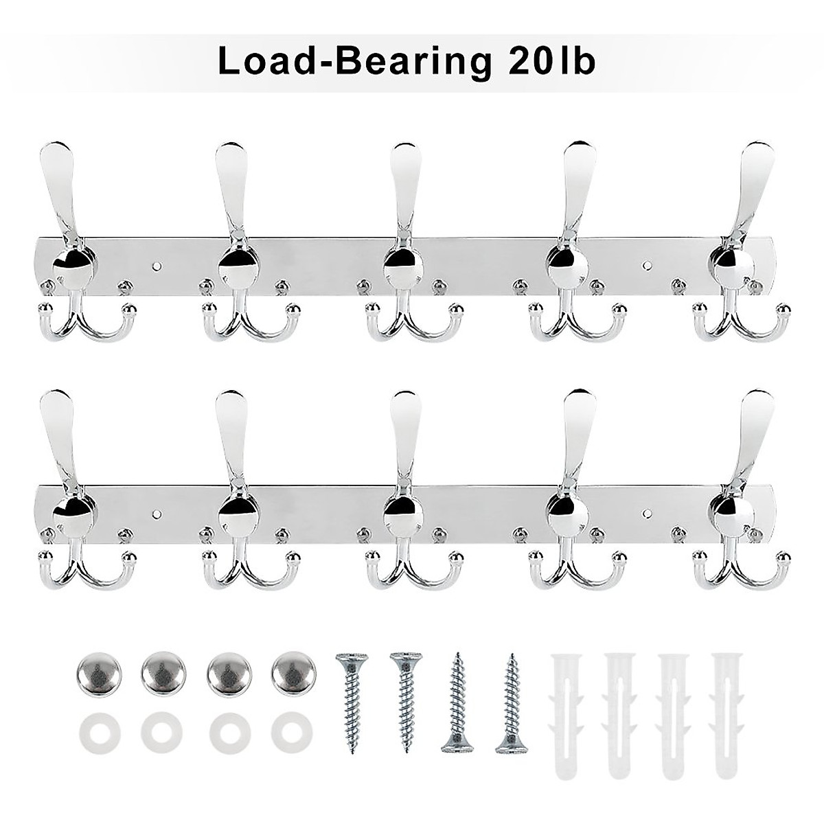 JOSHNESE Wall Mount Coat Hooks,5 Tri Hooks Heavy Duty Stainless Steel Hook Rail for Coat Hat Towel Robes Mudroom Bathroom Entryway（2 Pack,Silver