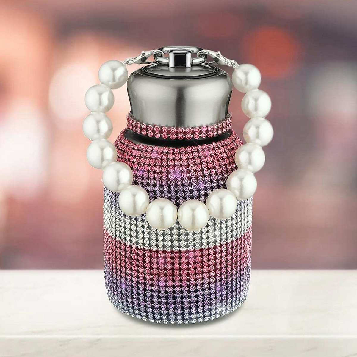 XUDREZ Diamond Thermos Bottle for Womens, Diamond Water Bottle Bling Rhinestone Stainless Steel Vacuum Flask Sparkling Refillable Insulated Thermal Bottle with Pearl Bracelet and Chain (Pink-purple)