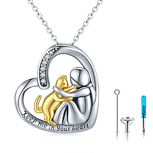 JUSTKIDSTOY Cat Urn Necklace for Ashes S925 Sterling Silver Heart Cremation Jewelry Keepsake Memorial Gifts for Women