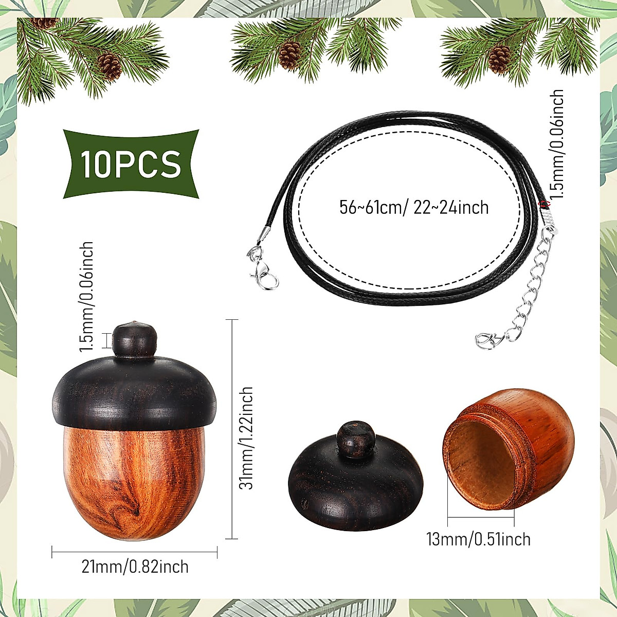 Sasylvia 10 Pcs Wood Acorn Charms Nut Acorn Pendant with Black Waxed Necklace Cord and Lobster Claw Clasp for DIY Accessories Pendant Decorations Jewelry Making