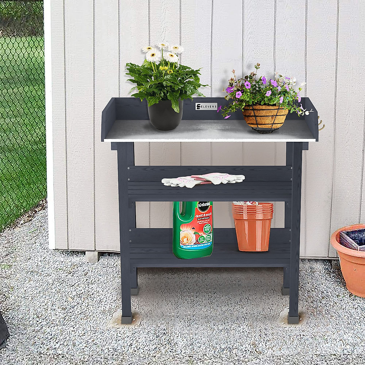 Elevens Outdoor Potting Bench Tables with Wheels,Planting Bench Potting Table with Drawer and Hooks for Patio Yard Lawn(Grey)