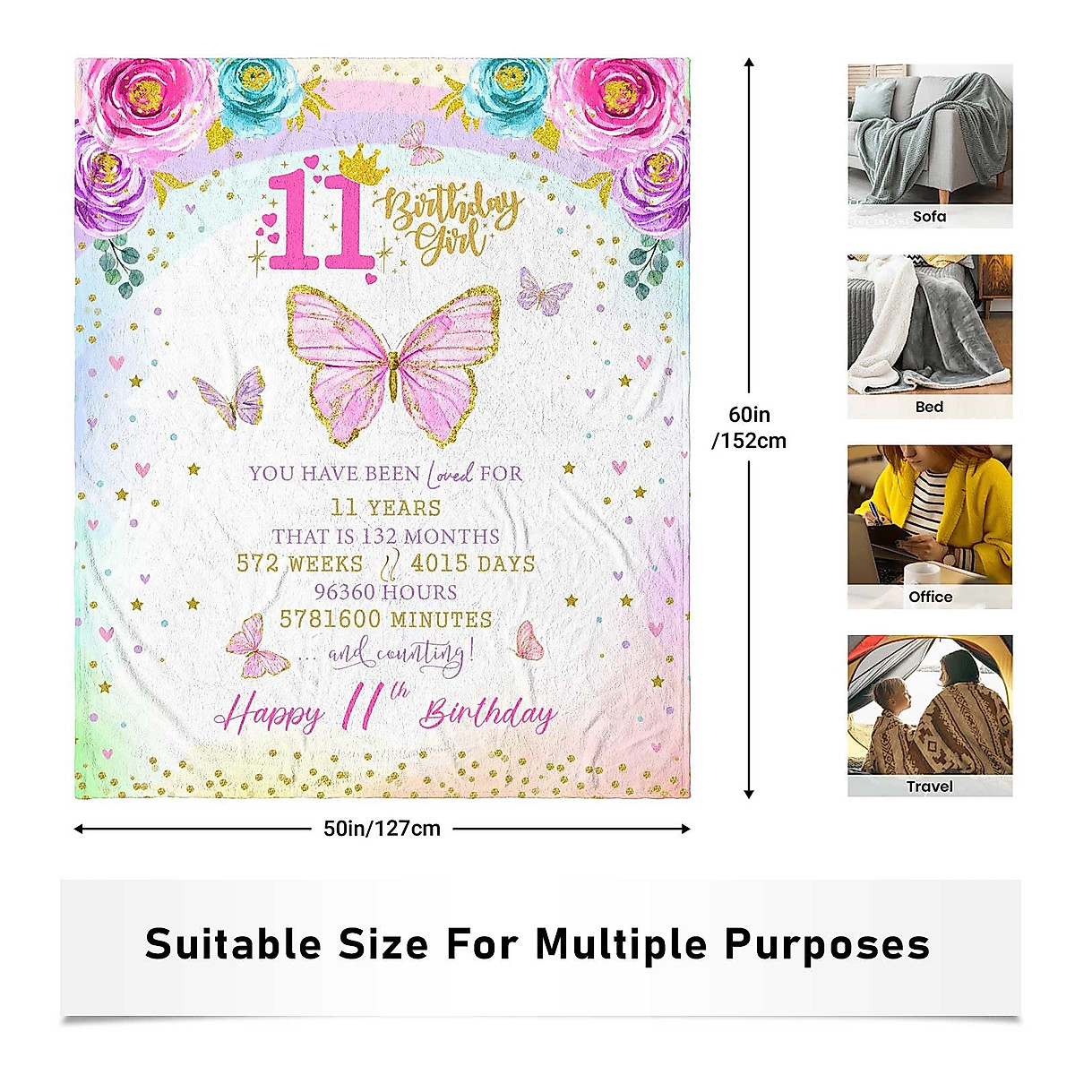Sbangtu 11 Year Old Girl Birthday Gifts, Best Birthday Gifts for 11 Year Old Girls, 11 Year Old Girl Gift Ideas, Cool Presents Stuff for Girls Age 11, 11th Birthday Decorations Throw Blanket 50"X60"