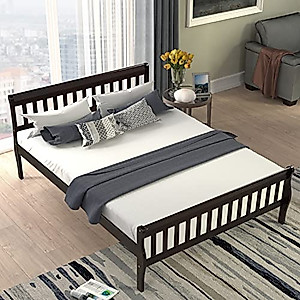 Prohon Queen Platform Bed with Vertical Openwork Design Headboard & Footboard, Large Underbed Storage Space, Simple Style Wooden Bedframe for Kids Teen Adults, No Box Spring Needed, Espresso