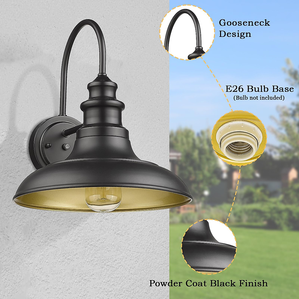 Dusk to Dawn Sensor Outdoor Barn Light Fixture, 12.3 Inch Dome Outdoor Wall Sconce Farmhouse Wall Mount Lights Exterior Gooseneck Light Fixture Black Finish Industrial Wall Lantern for Porch, 2Pack