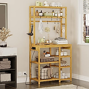 FORABAMB Bakers Rack with Power Outlets, 8-Tier Microwave Stand, Kitchen Utility Storage Shelf 10 S-Shaped Hooks, Coffee Bar Table Station, Standing Rack, 31.5 x 15.7 x 65 Inches, Bamboo