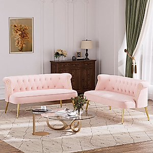 DAMAIFROM Velvet Loveseat Sofa, Modern 2 Seater Sofa with Gold Legs, 51" W Upholstered Tufted Couch for Living Room, Comfy Love Seat Small Furniture for Apartment, Small Spaces, Pink