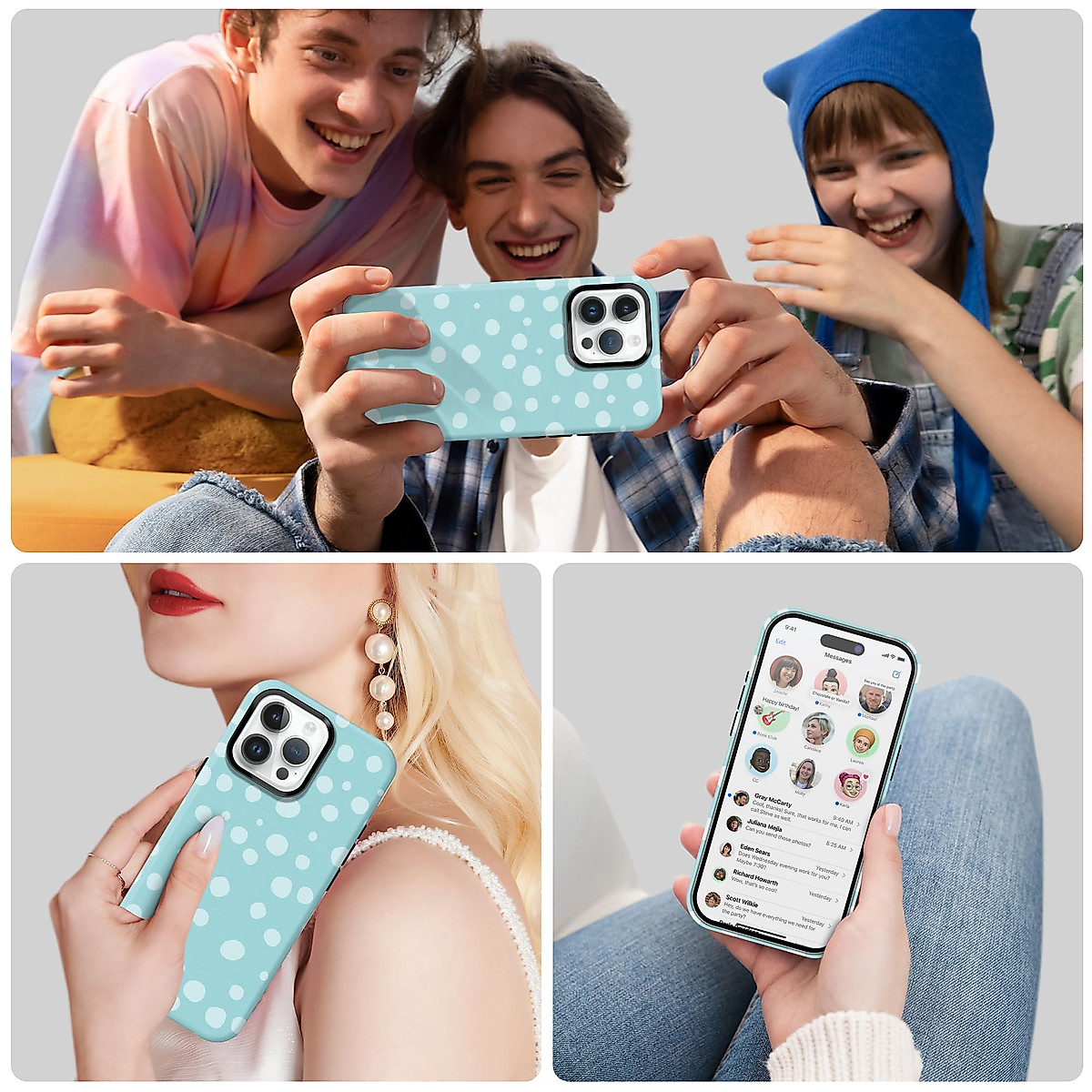 kingflag Vegan Leather Magnetic Case for iPhone 15 Pro Max Wireless Charging, Metal Buttons, Shockproof Protective Phone Case Cover for Women Men 6.7" (Teal with White Dots)