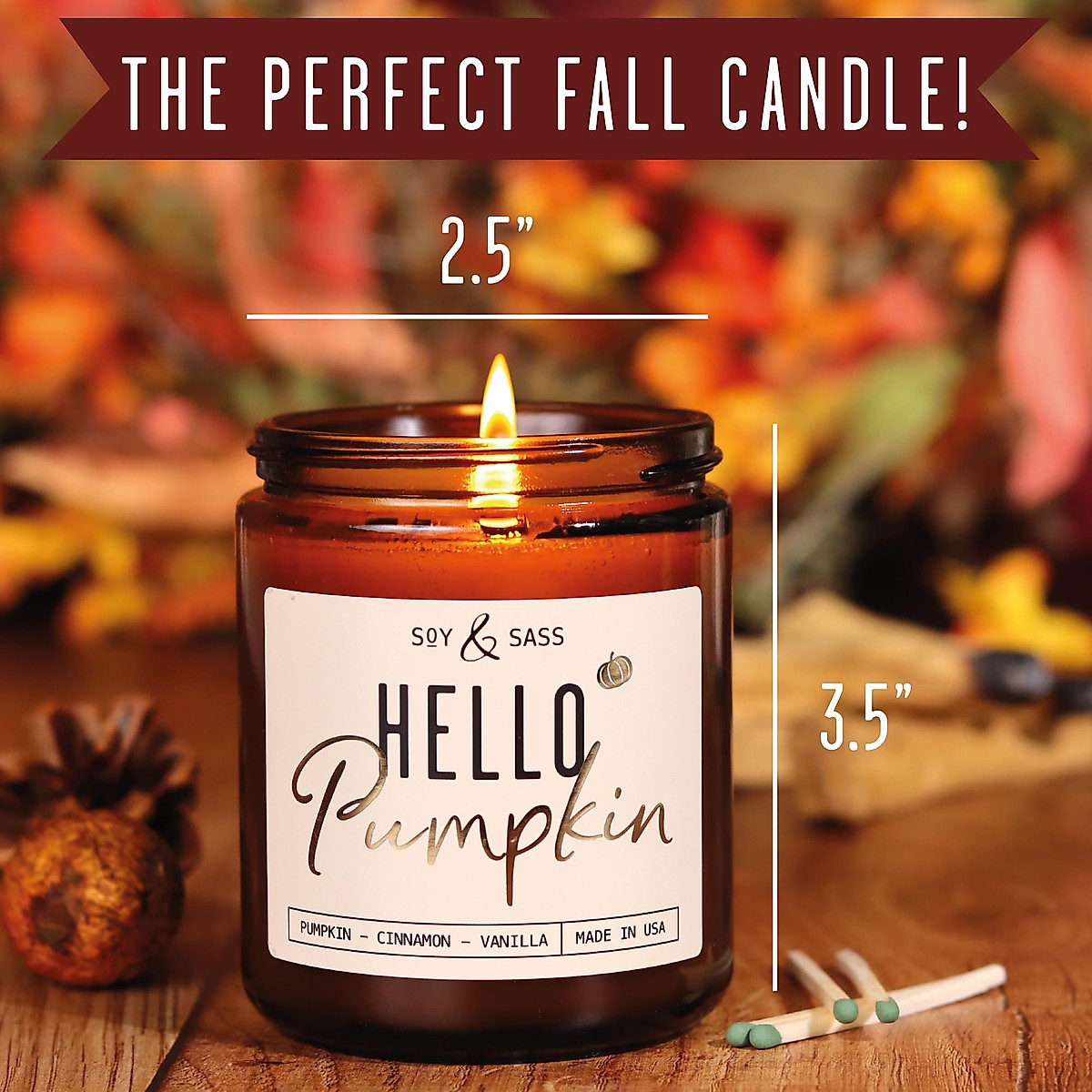 Pumpkin Candle, Fall Candles - 'Hello Pumpkin' Soy Pumpkin Spice Candle I Infused with Essential Oils I Fall Candle Decor, Fall Scented Candle I 9oz Reusable Jar I 50 Hour Burn I Made in USA