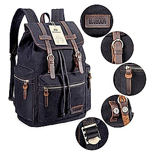 Bluboon Canvas Vintage Backpack Leather Casual Bookbag Men Rucksack (Black)