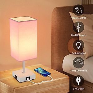 Woderdeng Touch Control Bedside Lamp - 3-Way Dimmable Table Lamps with USB C+A Port and Outlet, Nightstand Lamp for Bedroom Decor and Living Room,Pink