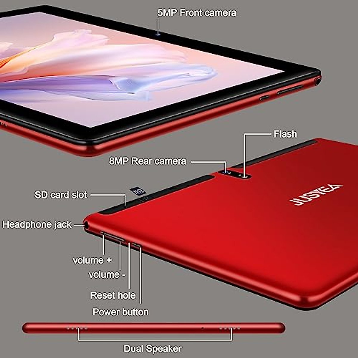 JUSYEA J5-W Android 11 Tablet 10.1 inch Tablets, 4GB RAM 64GB ROM 128GB Expansion, Octa-Core Processor, HD Touch Screen, 8000mAh Battery with Mouse and Keyboard, Case - Red