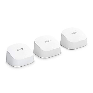 Amazon eero 6 mesh wifi system - Supports internet plans up to 500 Mbps, Coverage up to 4,500 sq. ft., Connect 75+ devices, 3-pack (3 eero 6 routers)