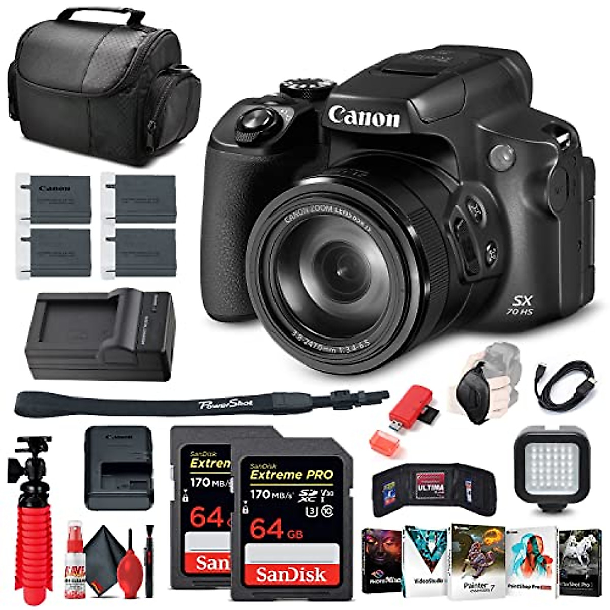 Canon PowerShot SX70 HS Digital Camera (3071C001) + 2 x 64GB Card + Corel Photo Software + 3 x LPE12 Battery + Charger + Card Reader + LED Light + HDMI Cable + Deluxe Soft Bag + More (Renewed)