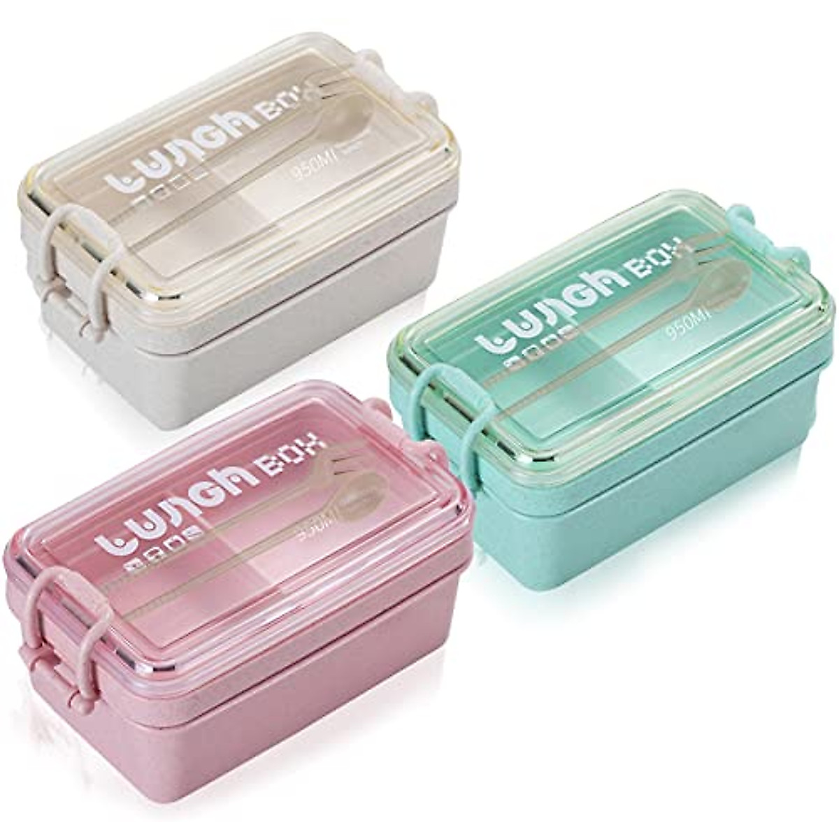 Yesland 3 Packs Bento Box, Wheat Straw 3-In-1 Compartment Japanese Lunch Box with Spoon and Fork, 2 Tier Stackable Lunch Containers for Kids and Adults (Beige, Pink & Green, 950Ml)