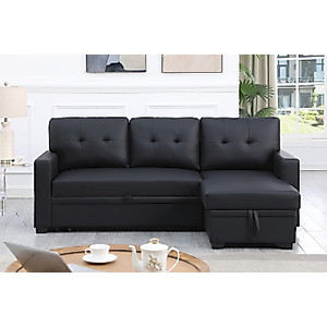 FANYE L-Shaped 3 Seater Reversible Sleeper Sectional Sofa Modern Smooth Faux Leather Tufted Upholstered Convertible Sofabed with Pull Out Sleep Couch Bed for Compact Space Living Room Sofa&Couch