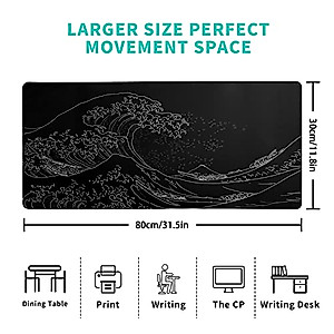 Japanese Sea Wave Large Mouse Pad, Anime Black Gaming Mouse Pad Extended Kanagawa Mouse Mat Desk Pad, 3mm Thick Long Non-Slip Rubber Base Mice Pad, 31.5 X 11.8 Inch