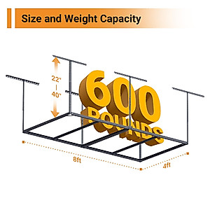 eShelf 4x8ft Overhead Garage Storage Rack Wooden Decking Not Included, Heavy Duty Metal Rack, Adjustable Ceiling Dropdown, 600lbs Weight Capacity (Black)