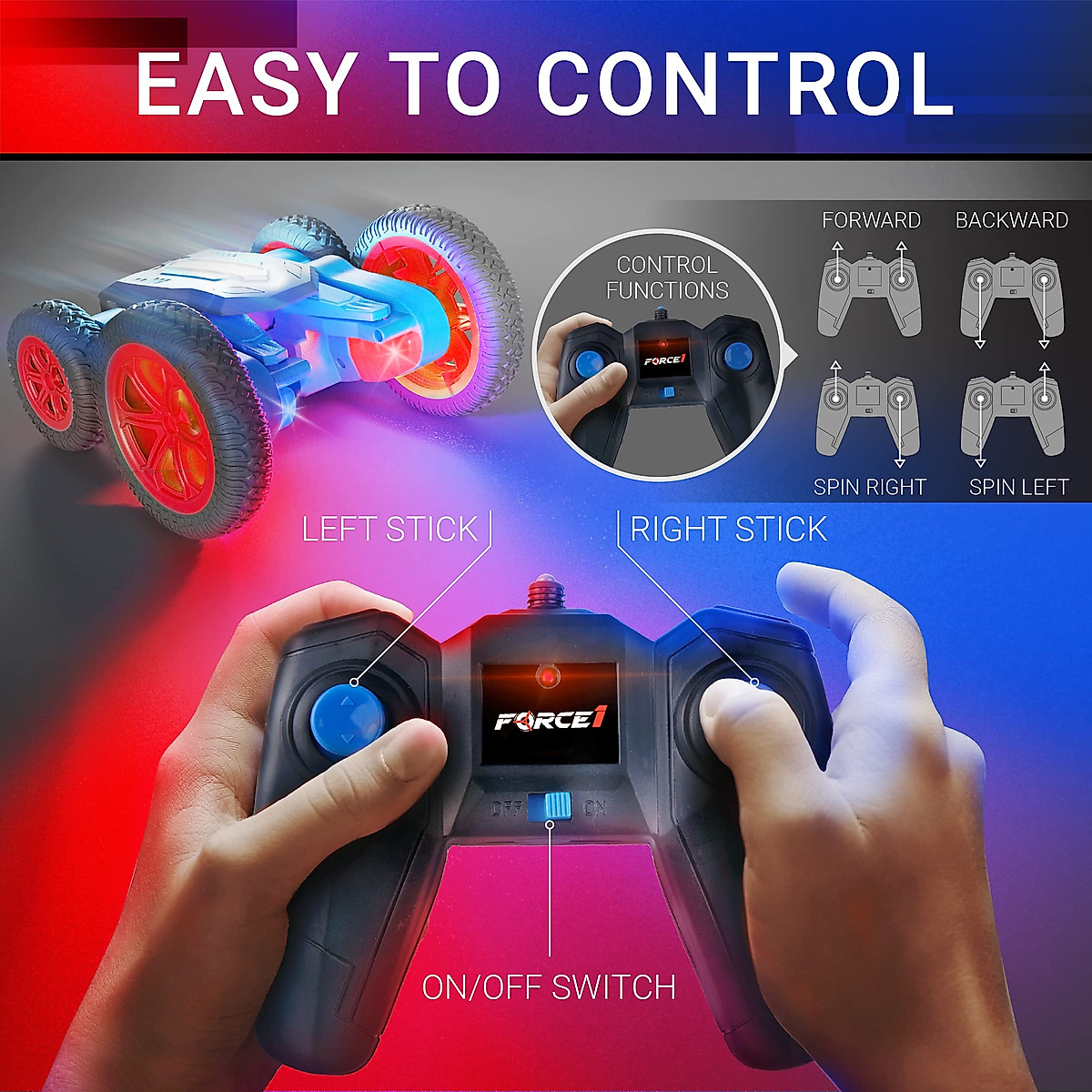 Force1 Tornado Red LED Remote Control Car for Kids - Double Sided Fast RC Car, 4WD Off-Road Stunt Car with 360 Flips, All Terrain Tires, LEDs, RC Crawler Rechargeable Toy Car Battery, Kids Car Remote