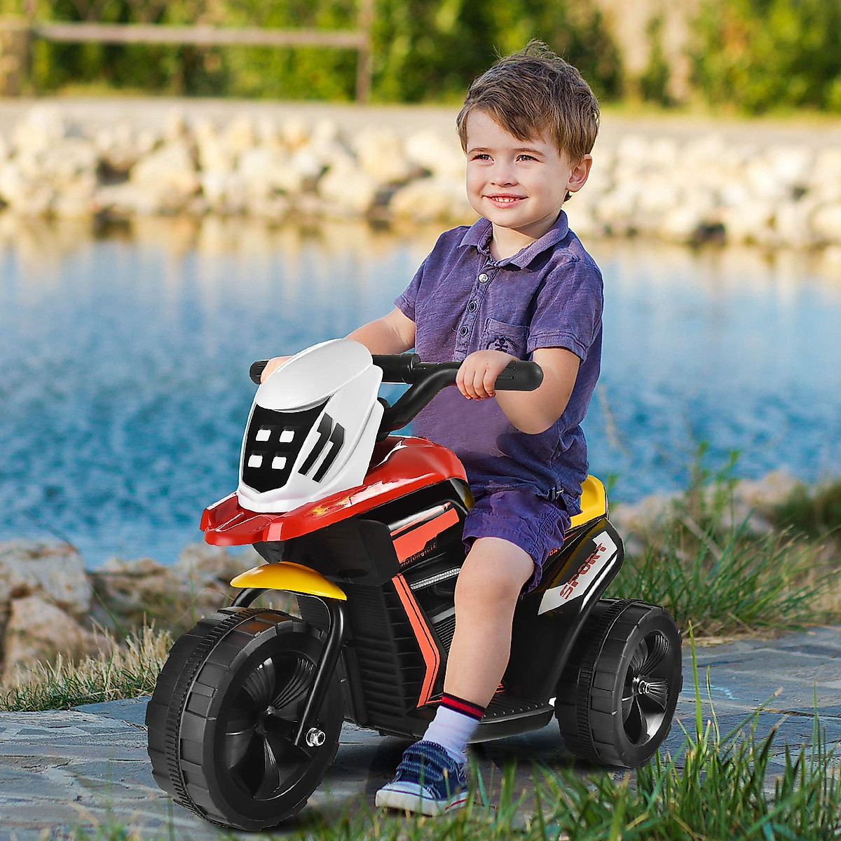 Costzon Toddler Motorcycle, 6V Battery Powered 3 Wheels Ride on Motorcycle with Cartoon Windshield, Music, Horn, Forward Backward Switch, Electric Motorcycle for Kids Toddlers Girls & Boys