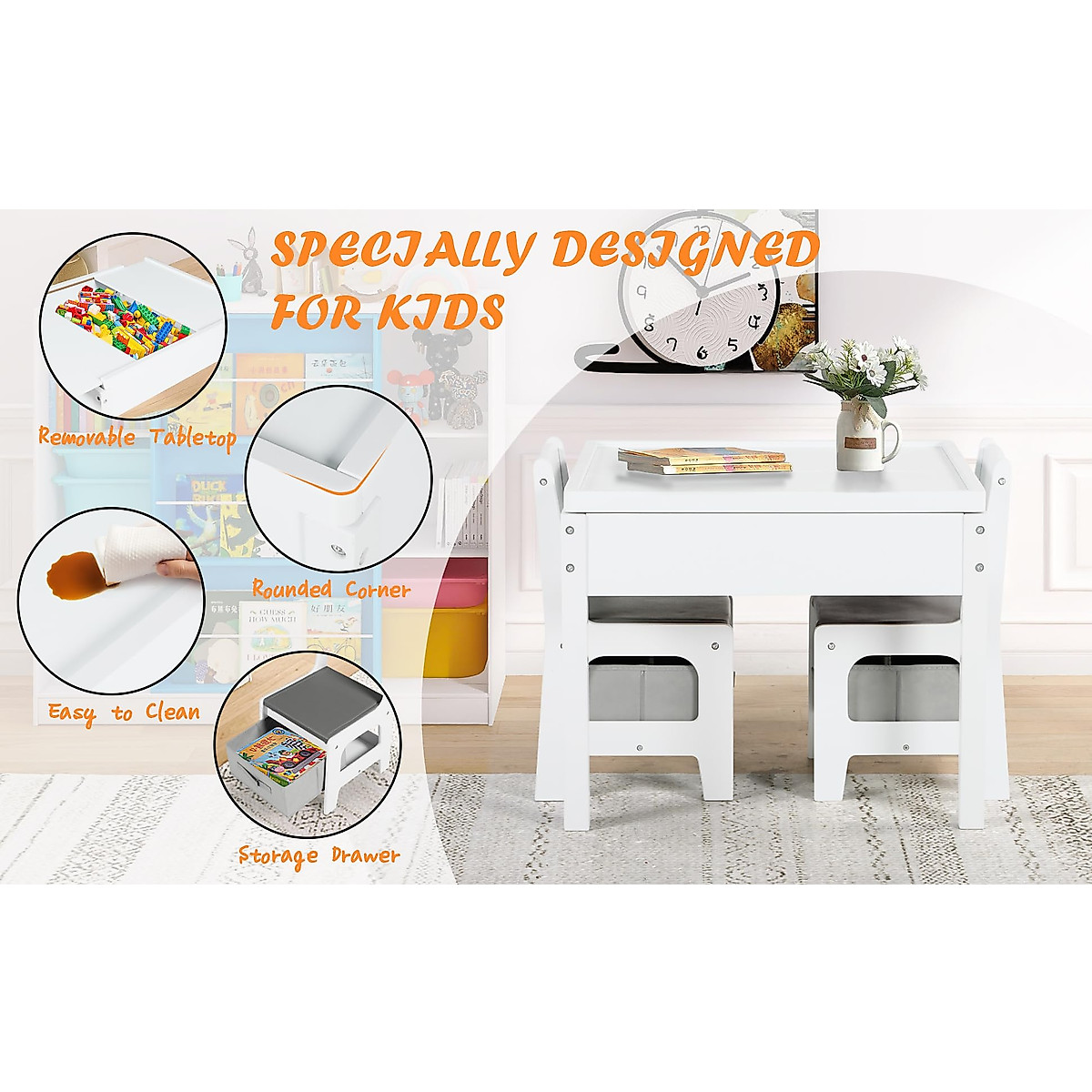 COEWSKE Kids Table and Chairs Set, 4 in 1 Toddler Desk and Chair Set with Storage, Wooden Activity Table for Toddlers Arts, Crafts, Drawing, Reading, Playroom,Gift for Boy & Girl (Gray)