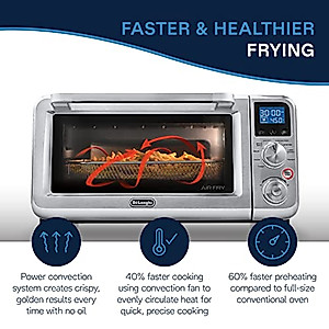 De'Longhi Air Fry Oven, Premium 9-in-1 Digital Air Fry Convection Toaster Oven, Grills, Broils, Bakes, Roasts, Keep Warm, Reheats, 1800-Watts + Cooking Accessories, Stainless Steel, 14L, EO141164M