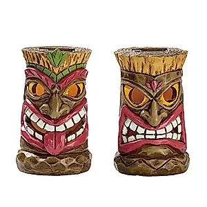TERESA'S COLLECTIONS Set of 2 Tribal Tiki Head Decor Garden Sculptures & Statues with Solar Lights, Hawaiian Tropical Tiki Torch Totem Figurine, Outdoor Bar Patio Yard Lawn Party Beach Decorations
