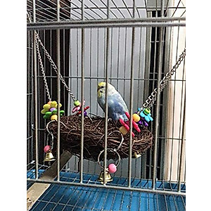 Bird Swing Nest Chew Toy with Bells Natural Rattan for Small Medium Parrots Parakeet Cockatiel Cockatoo African Grey Canary Conure Finch Lovebird Cage Accessories (S)