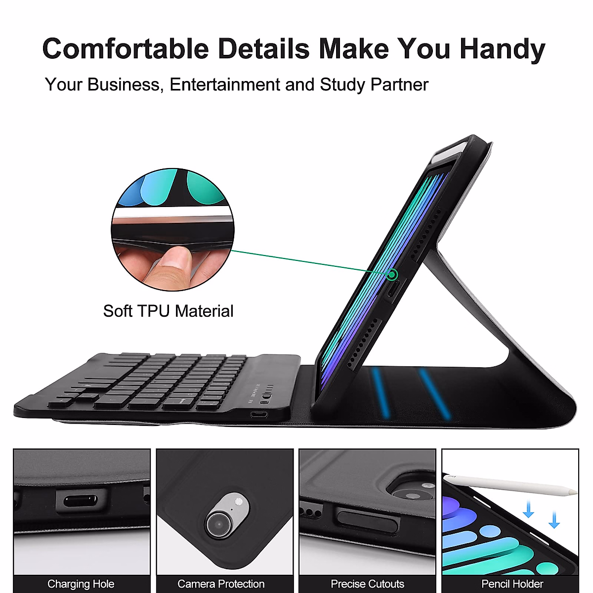 BORIYUAN iPad Mini 7th Gen 2024 (A17 Pro) & iPad Mini 6 Keyboard Case 2021, Detachable Wireless Keyboard, 7 Color Backlit, Slim Folio Cover with Pencil Holder for iPad Mini 7th/6th Gen 8.3 inch Black