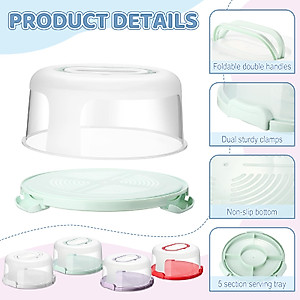 Bokon 4 Pieces Plastic Cake Carrier Large Round Cake Holder Portable Cake Container Serve as Five Section Serving Tray Large Cheesecake Stand with Lid & Handle Fits 10 Inch Cake Pies Dessert