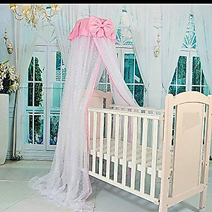 RuiHome Dome Style Hanging Princess Girls Mosquito Net Nursery Crib Bed Canopy Pink Bowknot Decor, Without Bracket Stand