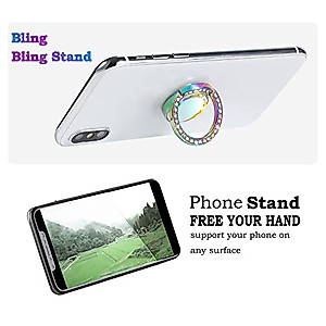 lenoup Iridescent Glitter Bling Bling Phone Ring Holder,Sparkle Phone Ring Grip Artificial Stand with Flat Diamond,Flat Rhinestone Cell Finger Ring for Phones,Pad(Rainbow)