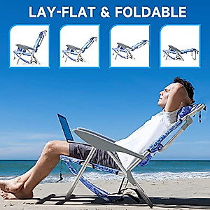 Canpsky Portable Beach Chair for Adults, Outdoor Lightweight Camping Chair Lay Flat Folding Backpack Beach Chair with 4 Positions, Headrest, Cooler Pouch, Cup Holder, Blue and White Porcelain