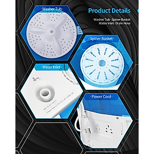 Muhub Portable Twin Tub 16.5lbs Mini Washing Machine,Compact Semi-automatic Washer and Spin Combo,Top Load,Portable Washer for Dorms,Apartments,RVs(White & Gray)