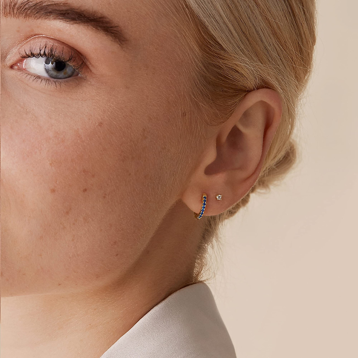 PAVOI 14K Gold Plated Sterling Silver Post Huggies | Cubic Zirconia Huggie Earrings for Women | Nano Spinel Blue Stones, White Gold