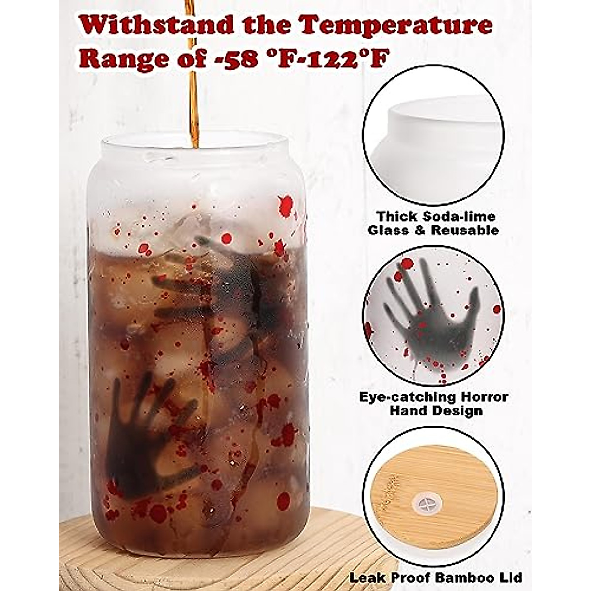Nefelibata Halloween Horror Beer Can Glass 16 OZ Iced Coffee Cup with Lid Straw and Brush, Reusable Drinking Jar for Coffee Tea Juice Soda Halloween Party Decor Fall Christmas Gift Ideas Set of 1
