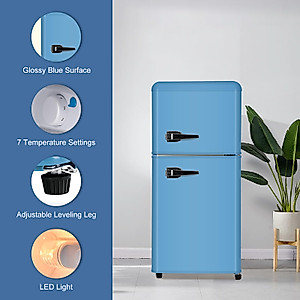 Fridge with Freezer Mini Retro Blue 3.5 Cu.ft Compact Refrigerator Small for Bedroom, Office, Dorm, RV, Apartment with Adjustable Mechanical Thermostat 2-Door Design
