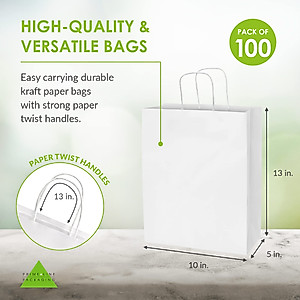 Prime Line Packaging Medium White Gift Bags with Handles, Shopping Totes for Small Business, Boutiques, Merchandise, Parties, Bulk, 10x5x13 100 Pack