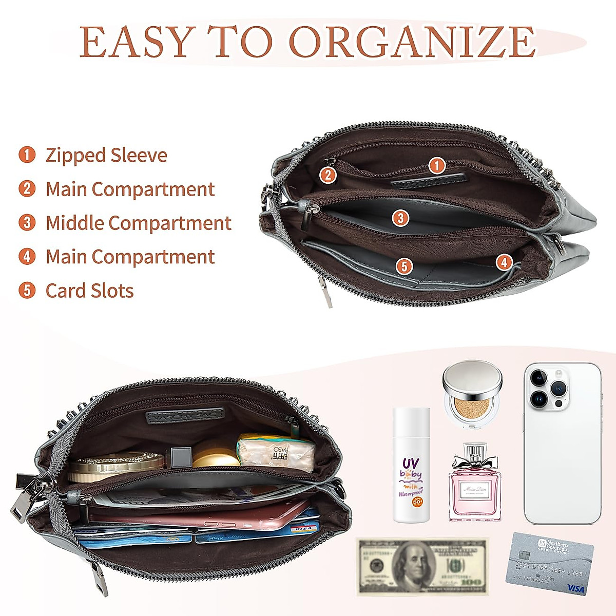 VASCHY Wristlet Clutch Purses, Large Studs Soft Vegan Leather Crossbody Evening Clutch Wallet for Women Gray