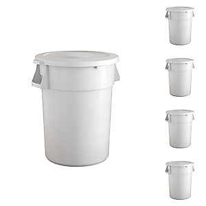 5-Pack! 44 Gallon White Round Commercial Trash Can and Lid, Perfect for Restaurant, Office, School, Garage, Backyard, Workshop, Warehouse
